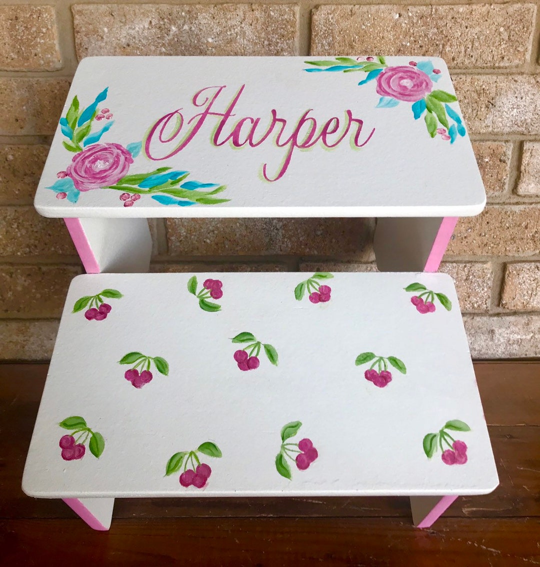 Red Cherries and Roses, Personalized, Bathroom Stool, Girls, Pink, Red ...