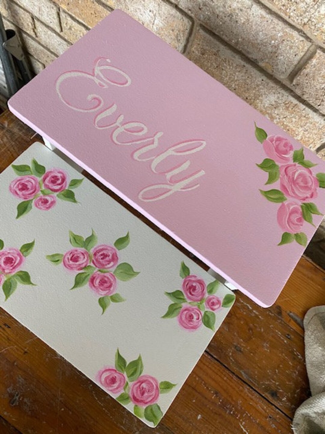 Rose Florals, Girls Hand Painted Step Stool, Bathroom Stools, Nursery ...