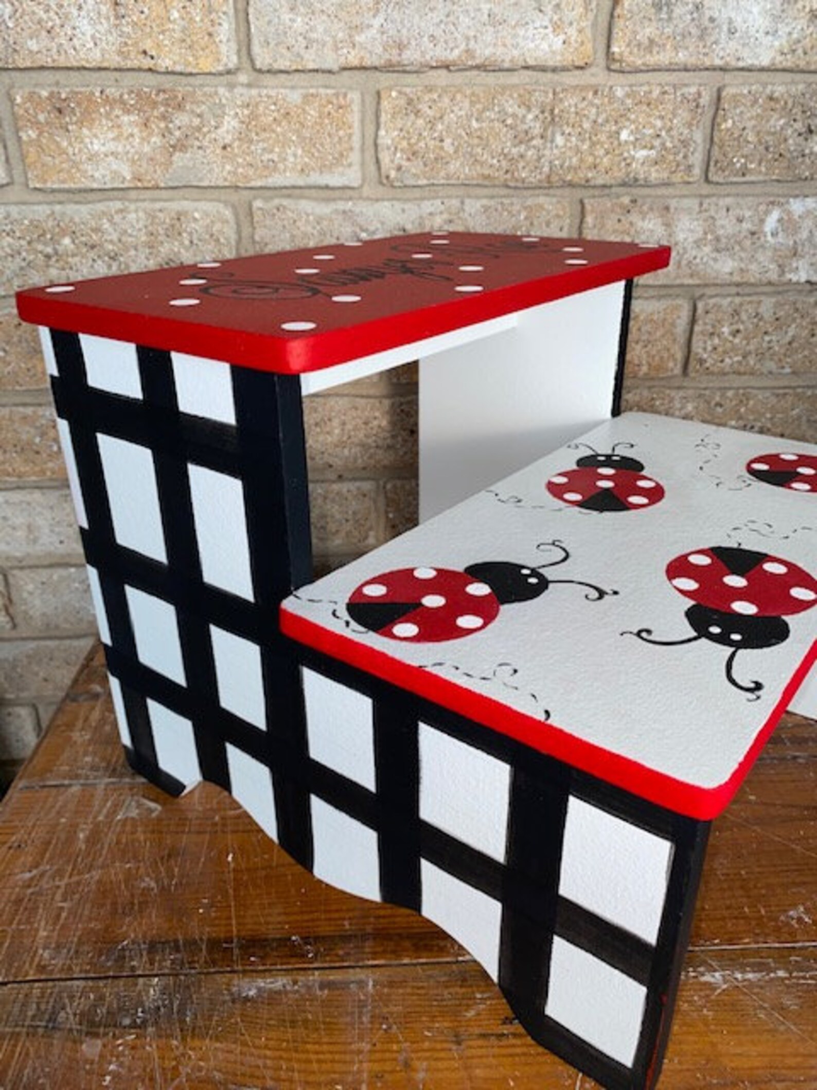 RED Lady Bugs, Red Black White, Wooden Bench, Personalized Gifts ...