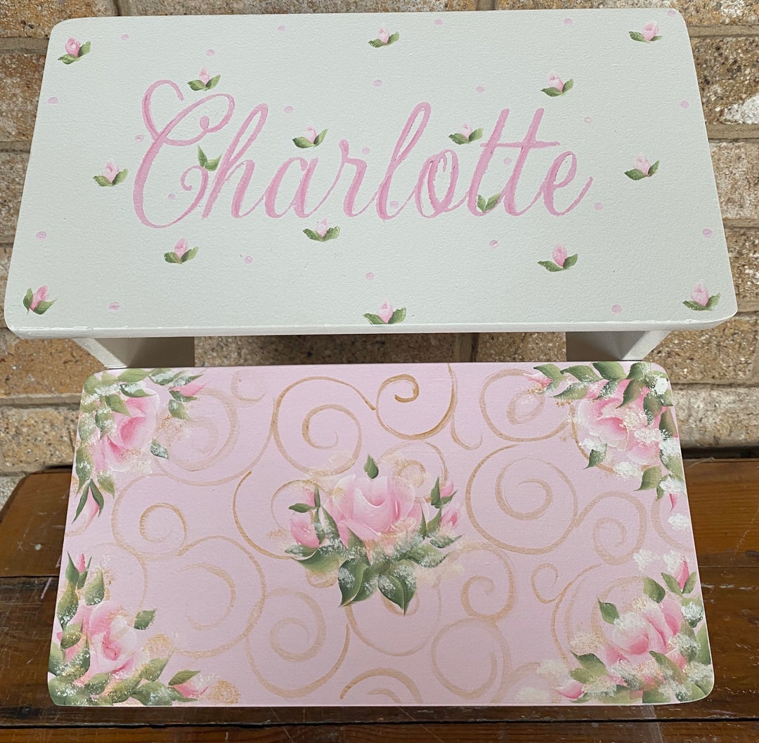 Hand Painted Step Stool for GIRLS, Pink Roses, Gold, Nursery Decor ...