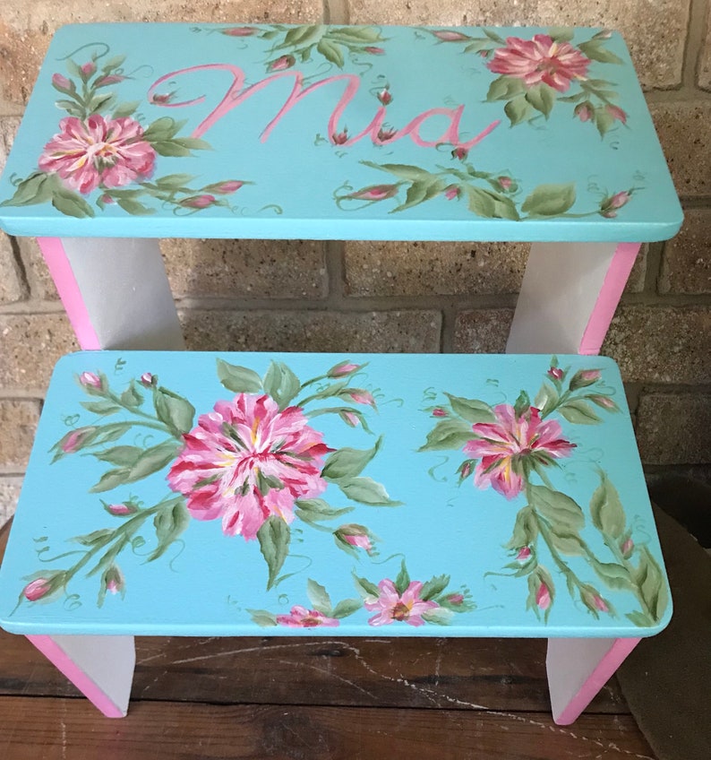 Girls Toddler Step Stool Personalized Floral, Peony Blue, PEACHY Pink ...