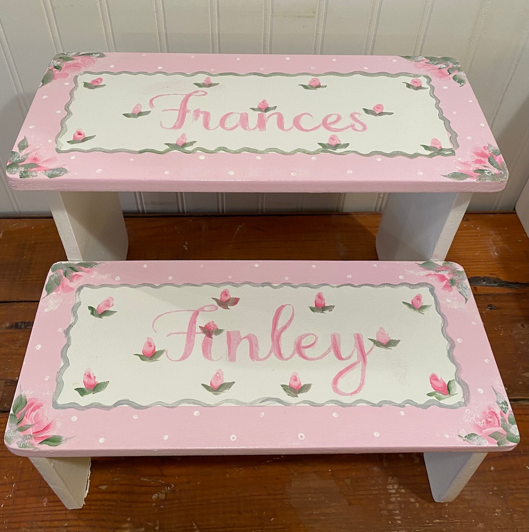 Girls Step Stools,hand Painted Pink Roses, Gold, Nursery Decor ...