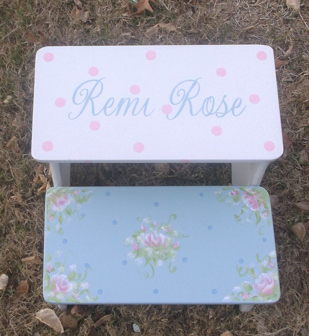 Girls Step Stool, Toddlers, Pink, Sky Blue, Roses, Bench, Personalized ...