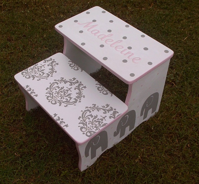 Pink Grey Girls Step Stool Damask Benches Personalized - Etsy