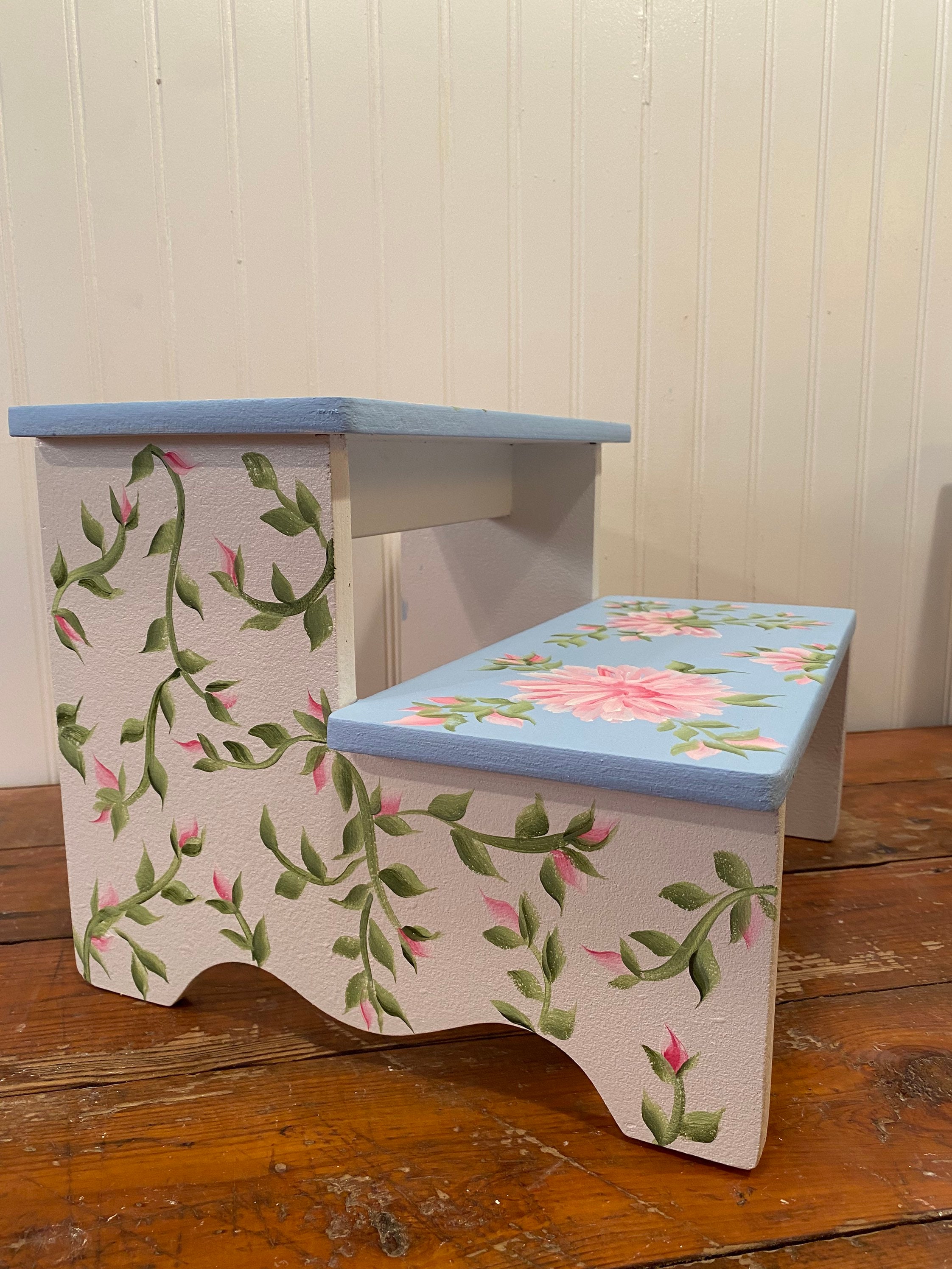 Girls Toddler Step Stool Personalized Floral, Peony Blue, PEACHY Pink ...
