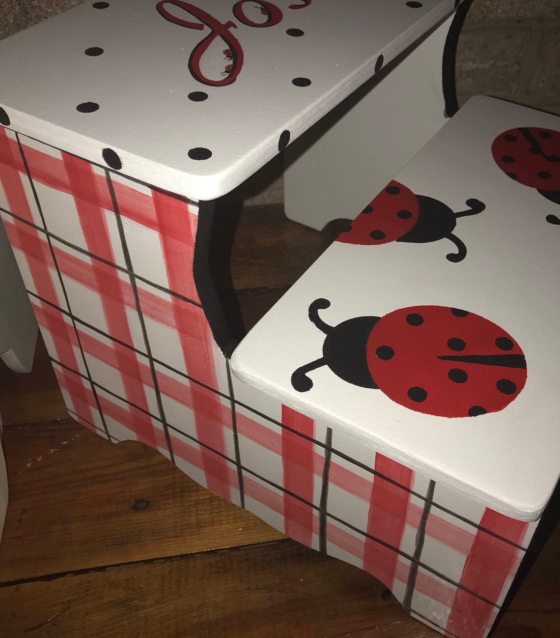 RED Lady Bugs, Red Black White, Wooden Bench, Personalized Gifts ...