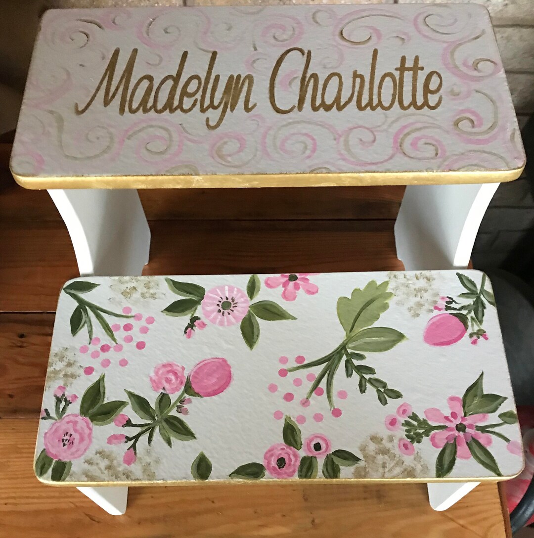 French Floral Watercolor, Roses, Gold, Pink Bathroom Stool ...