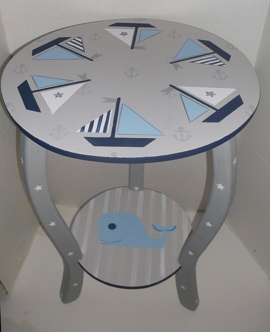 Custom ROUND Nightstand, Nautical Sailboats WHALES Anchors, Nautica ...