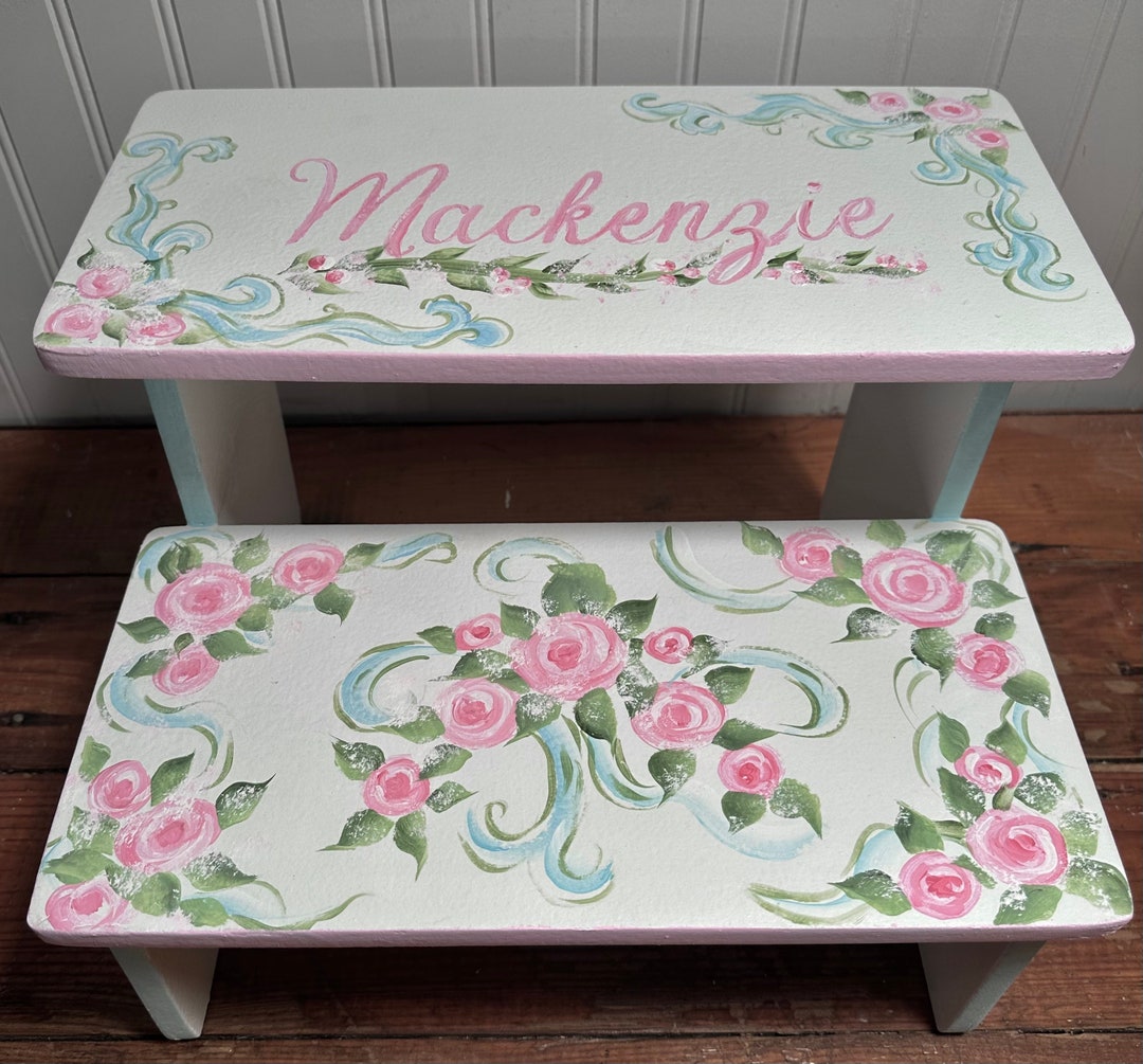 Girls Personalized Step Stool,kids Furniture, Roses, Romantic Floral ...