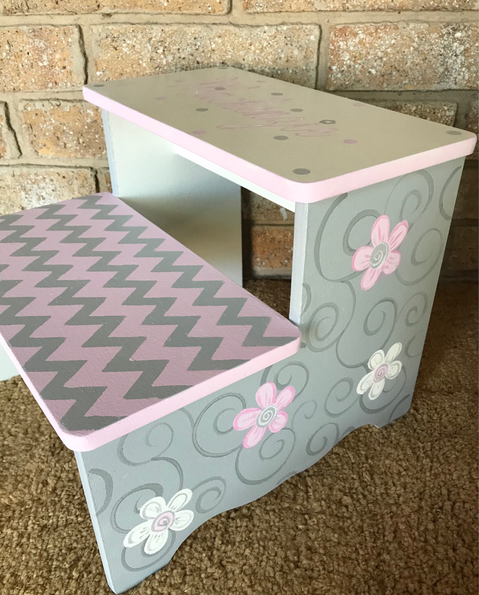 Hand Painted Pink Grey, Girls Nursery Decor, Bathroom Stool ...