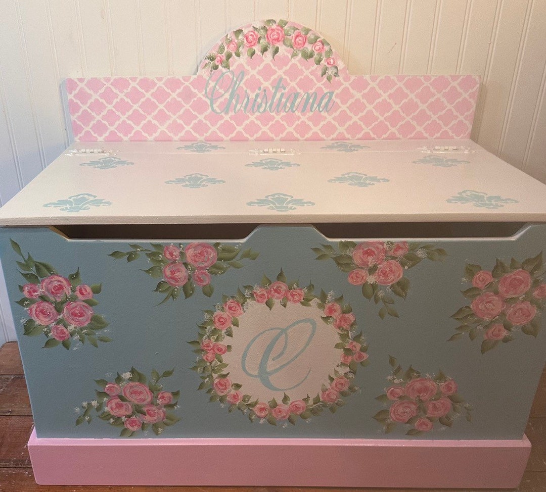 Custom Toy Box, Girls Blue Pink Toy Chest Cottage Roses, Watercolor ...