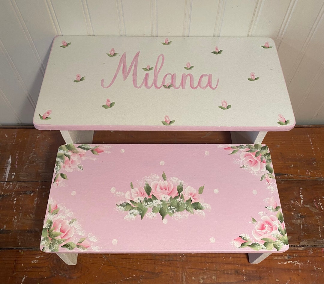Hand Painted Pink Roses, Gold, Nursery Decor, Bathroom Stool ...