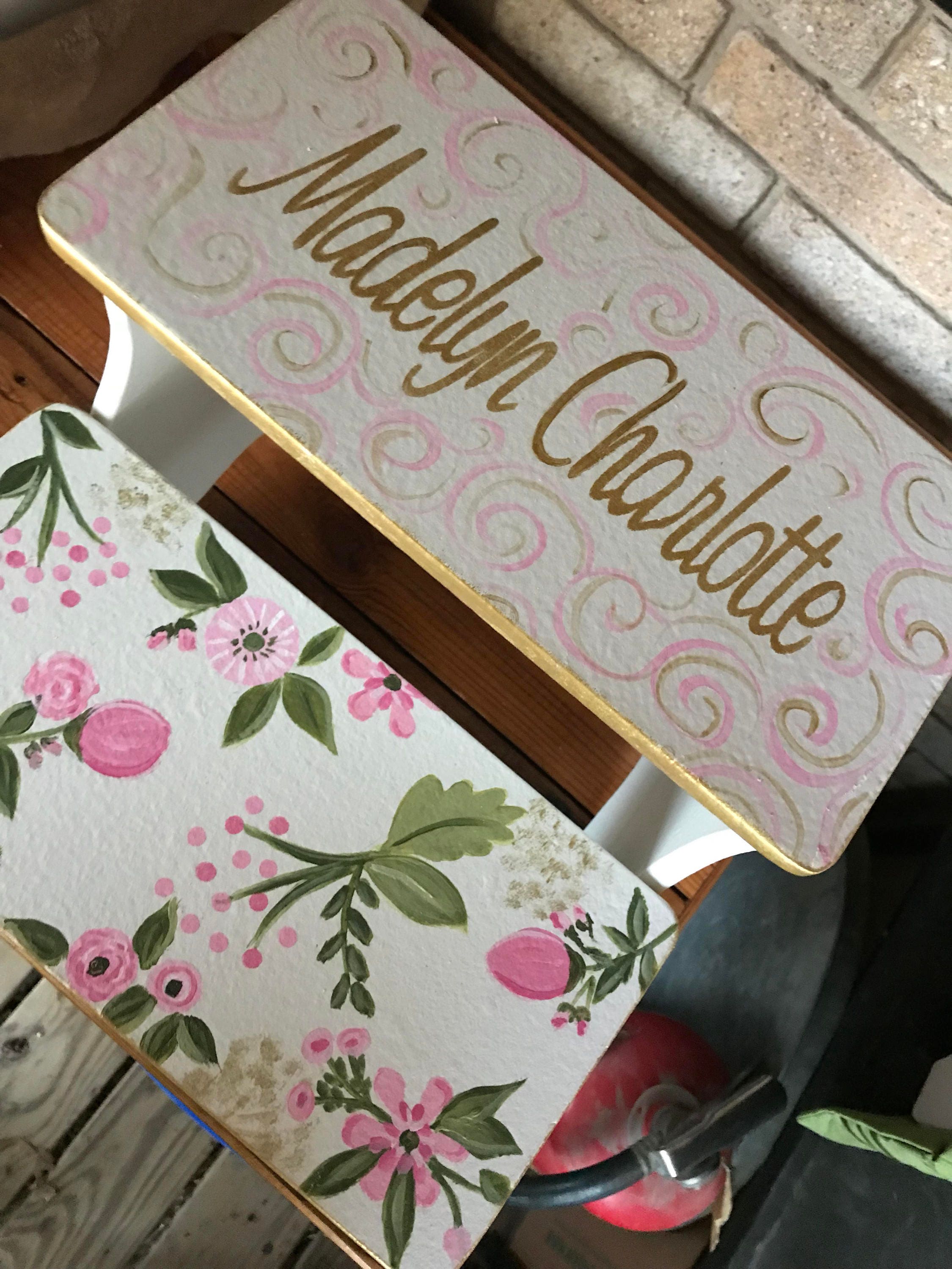 French Floral Watercolor, Roses, Gold, Pink Bathroom Stool ...