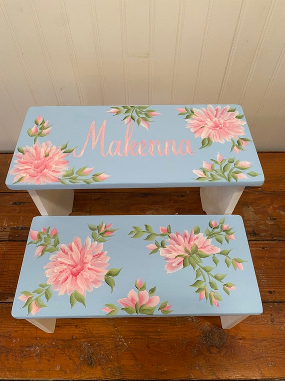 Girls Step Stool Personalized Floralpeony Blue Pink Hand - Etsy