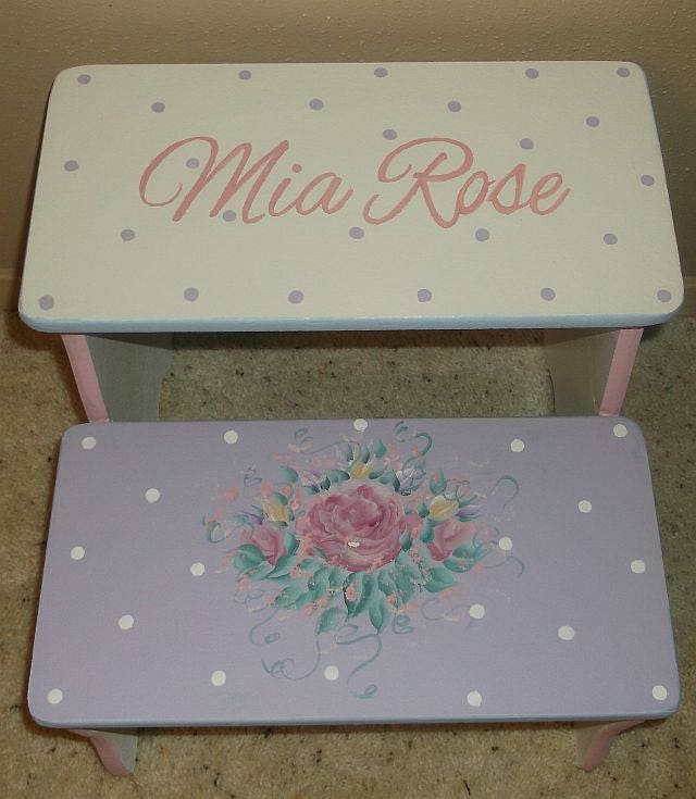 Girls Step Stools Hand Painted Roses Pink SKY Blue Steps - Etsy