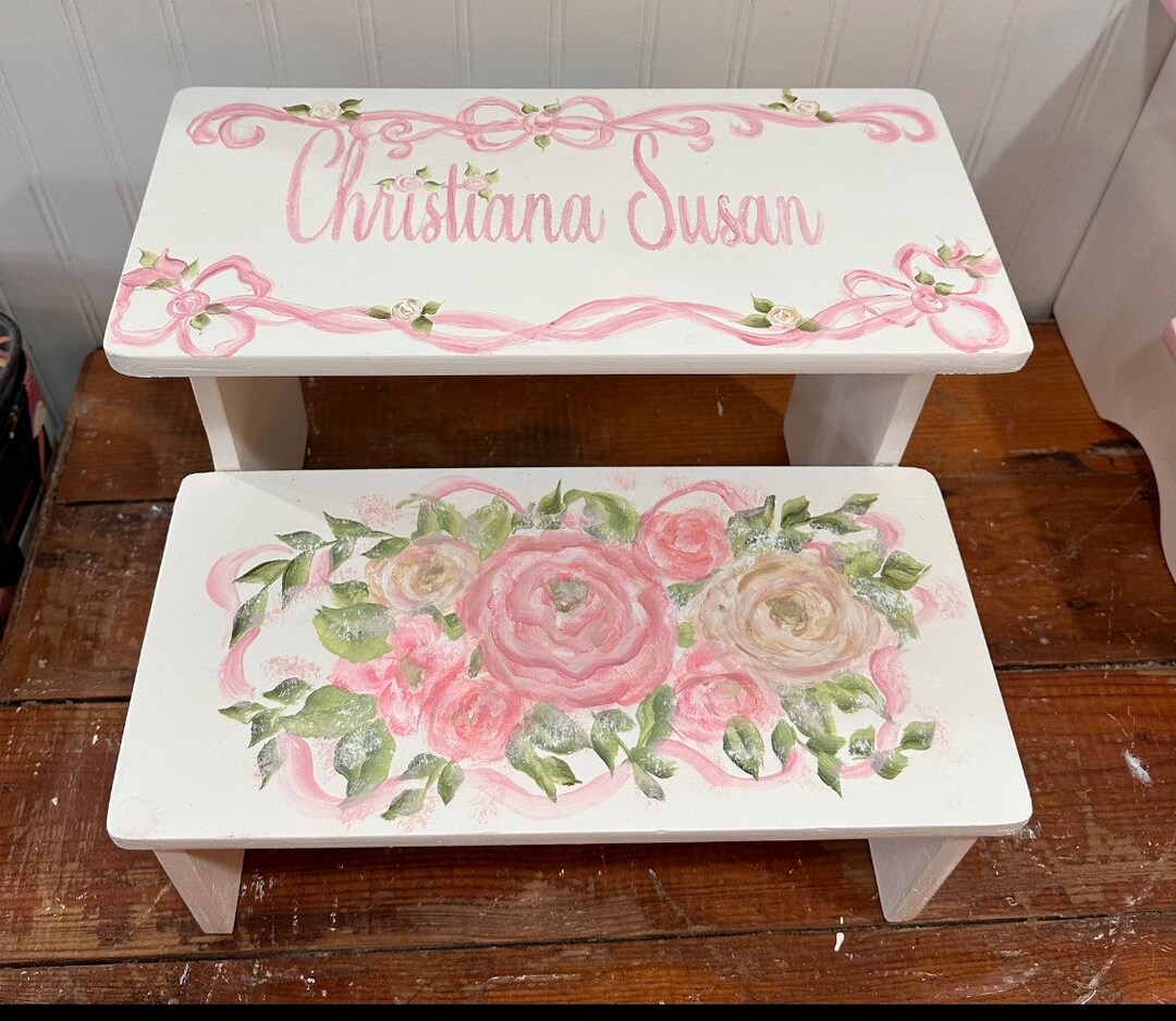 Floral Girls Step Stool, Pink, Peachy Roses, Personalized Gift ...