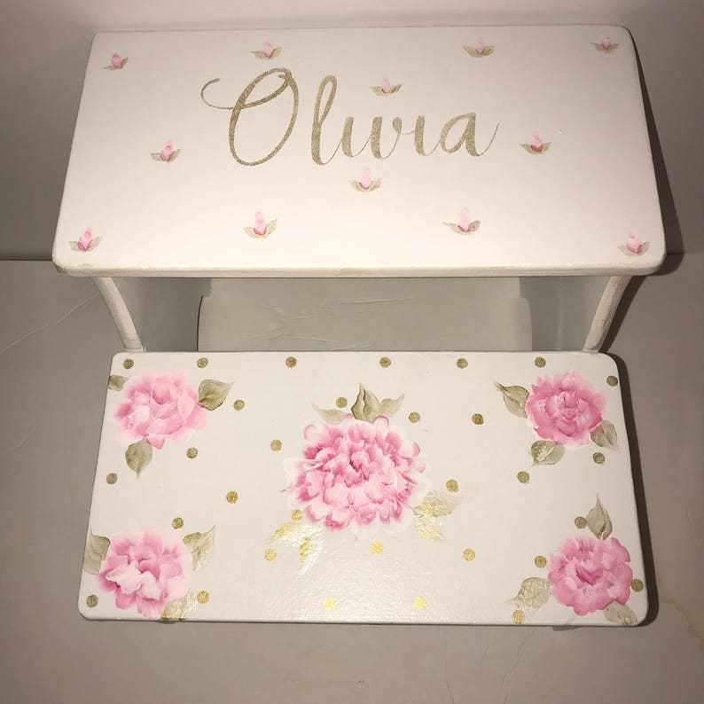Girls Kids Step stools Peonies Rose Gold Pink Roses | Etsy