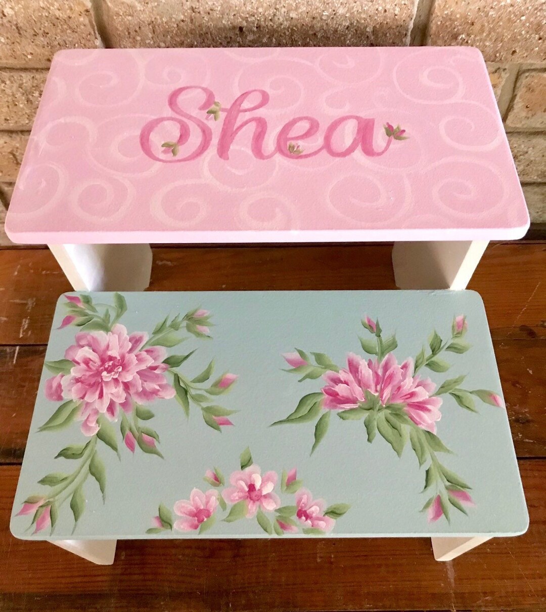 Girls Step Stool Personalized Floralpeony Blue Pink Hand - Etsy