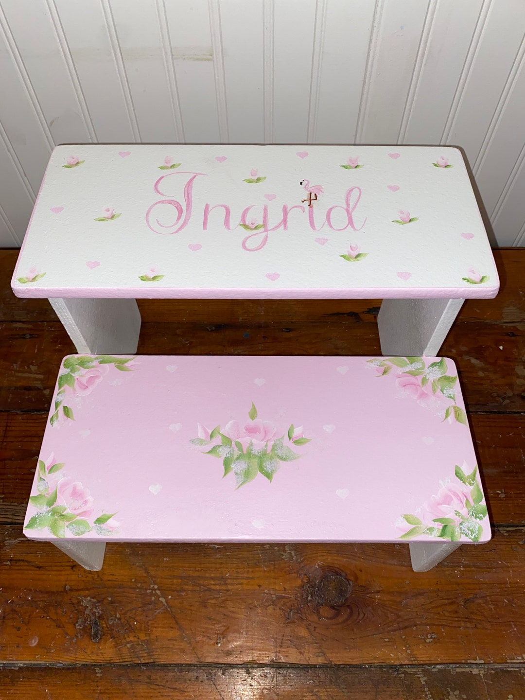 Girls Step Stools, Flamingos,roses, Pink White, Bedroom Stool, Pink ...