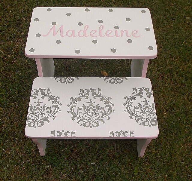 Pink Grey Girls Step Stool Damask Benches Personalized - Etsy