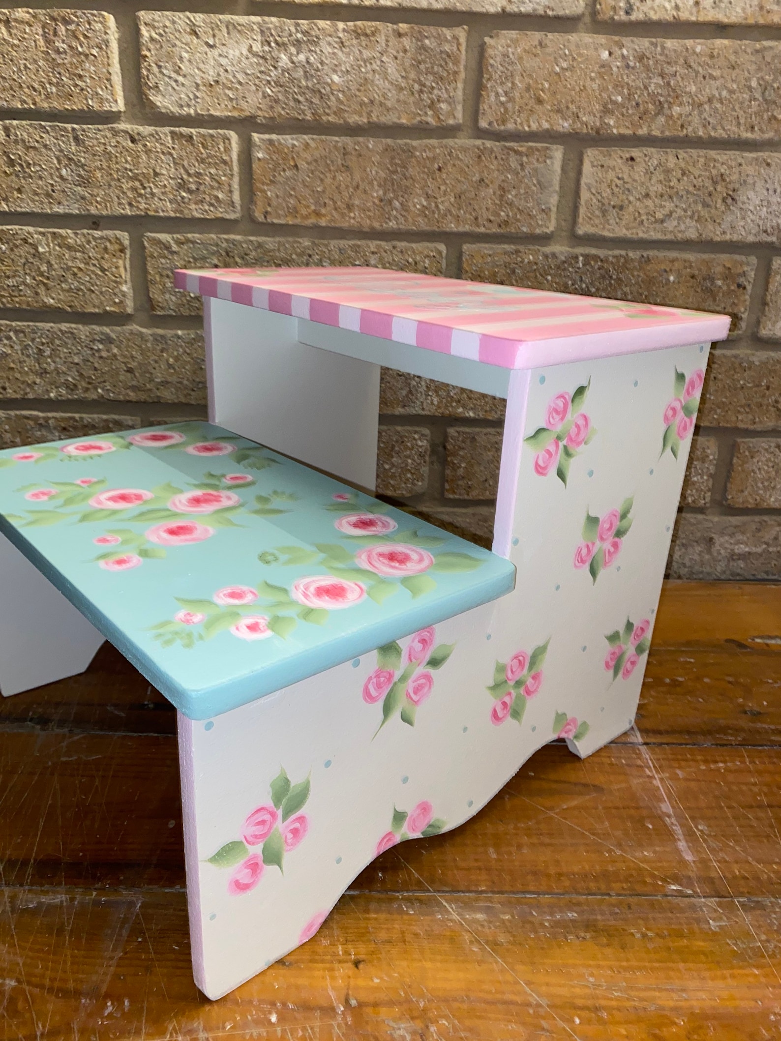 Girls Hand Painted Step Stool, Roses, Robins Egg Pink, Bathroom Stool ...