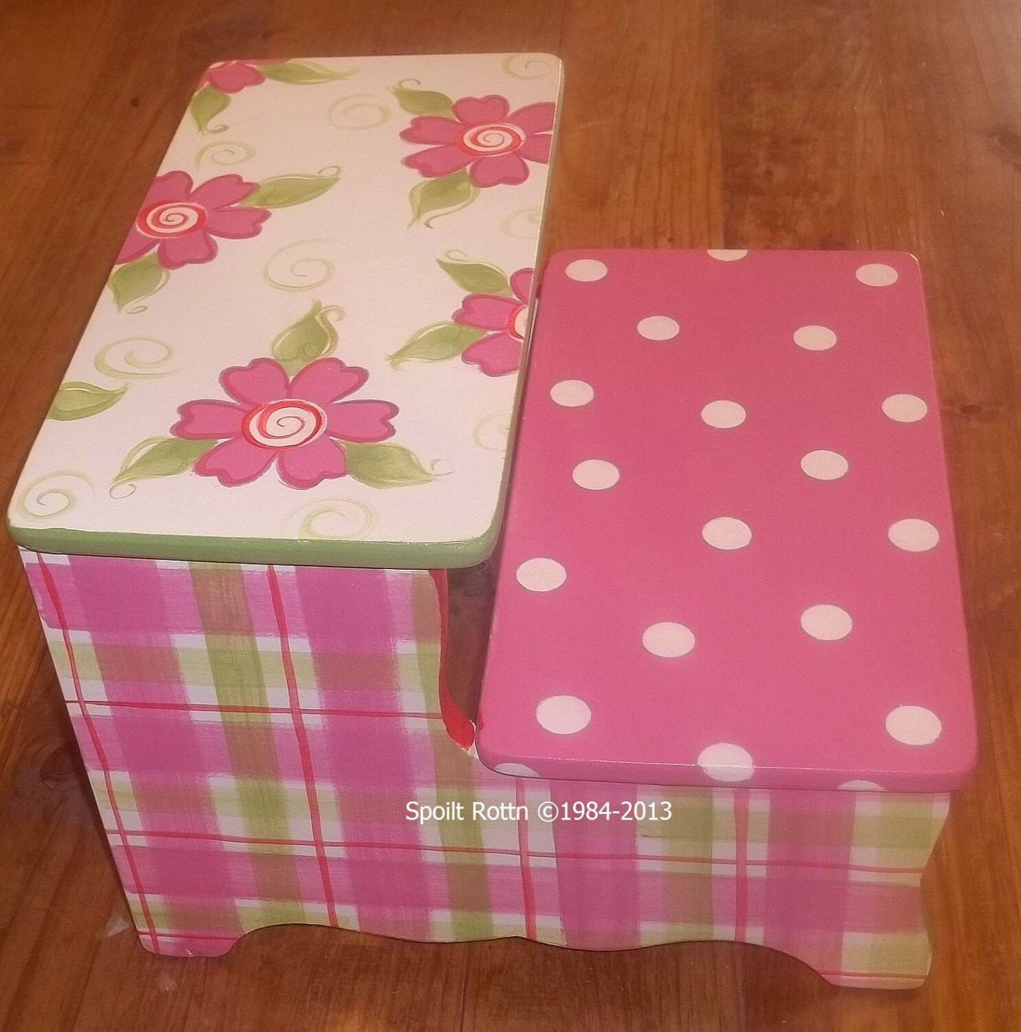 Girls Wooden Hand Painted Step Stool Pink Flowers Green and - Etsy