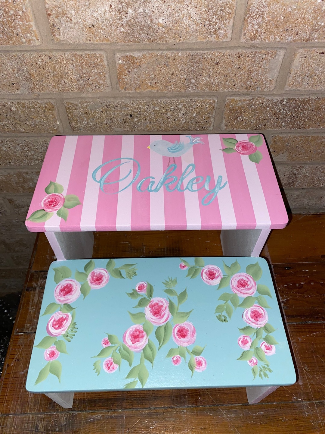 Girls Hand Painted Step Stool, Roses, Robins Egg Pink, Bathroom Stool ...