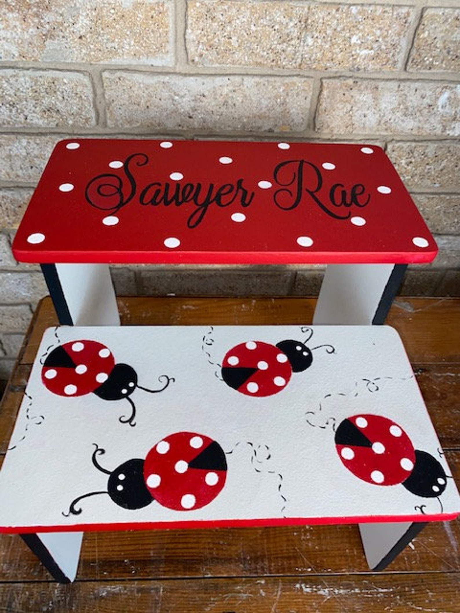RED Lady Bugs, Red Black White, Wooden Bench, Personalized Gifts ...