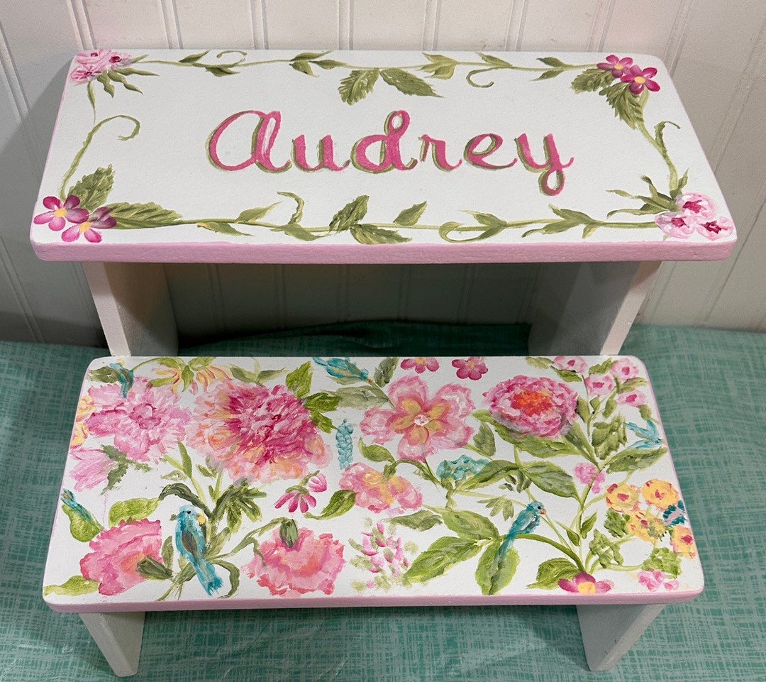 Floral Girls Step Stool. Pink,peachy Roses. Blues Birds Blooms ...
