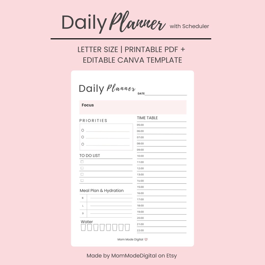Printable Mom Daily Planner: Hourly Schedule, Meal Tracker (canva ...