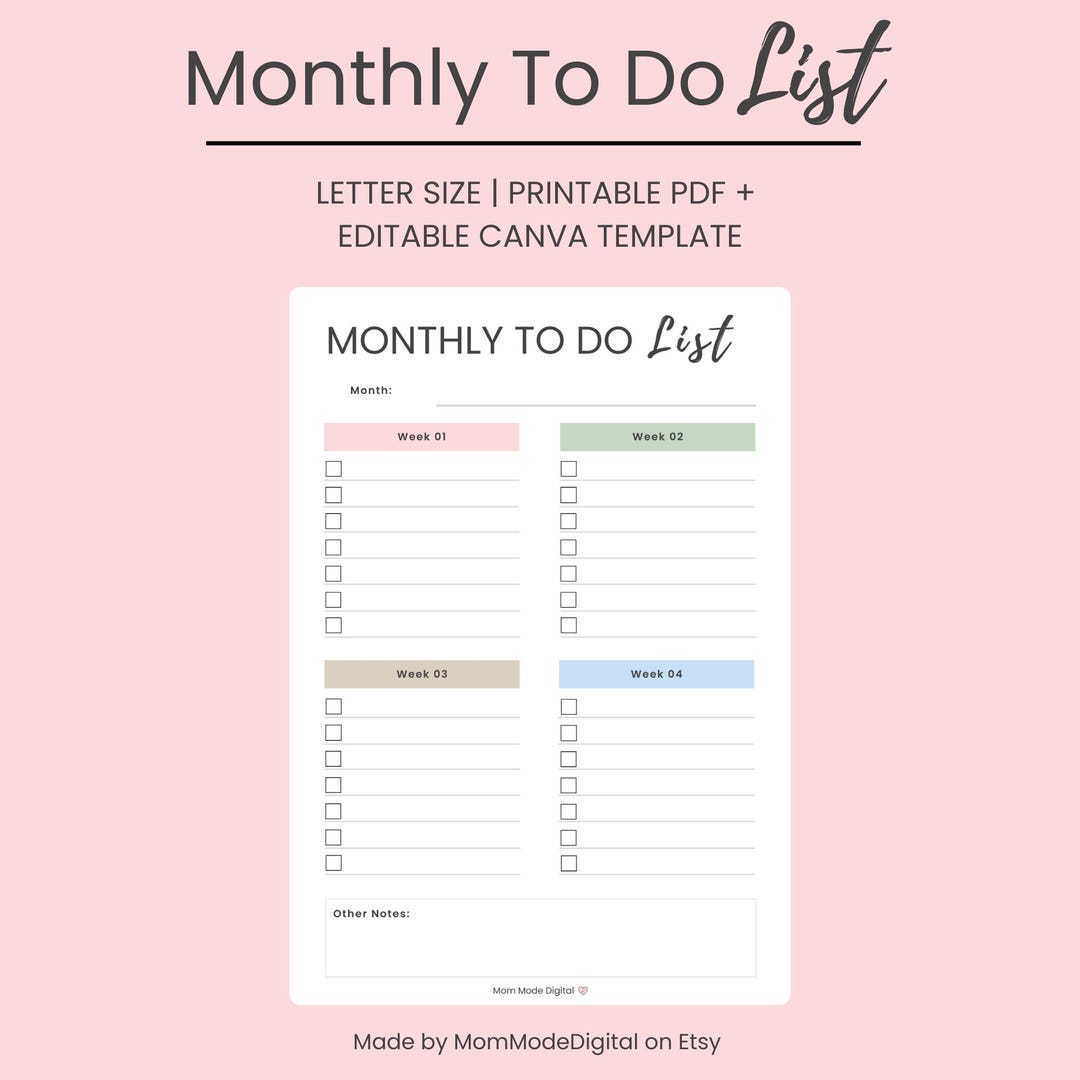 Monthly To-do List Printable | Weekly Task Planner PDF | 4-week ...