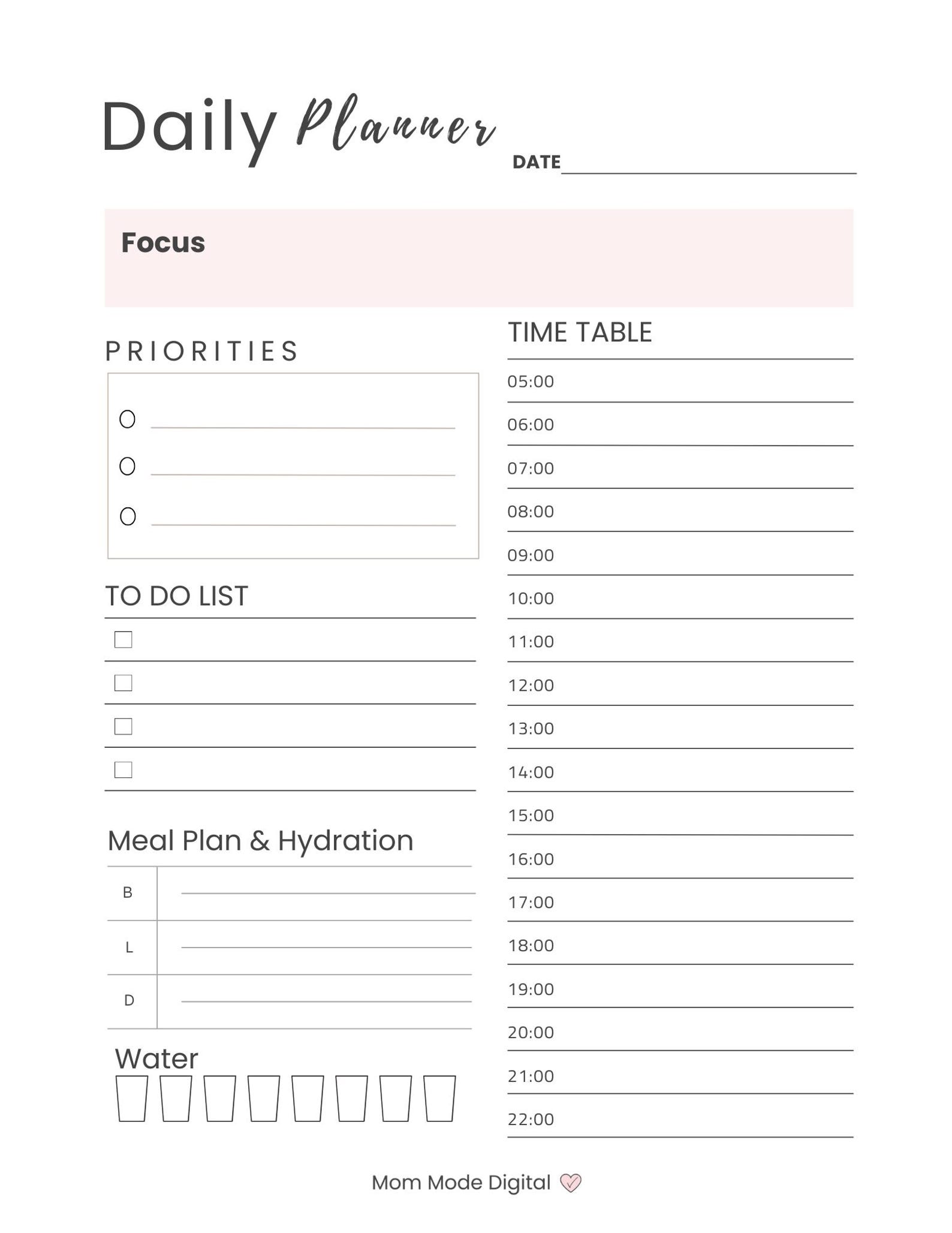 Printable Mom Daily Planner: Hourly Schedule, Meal Tracker (canva ...