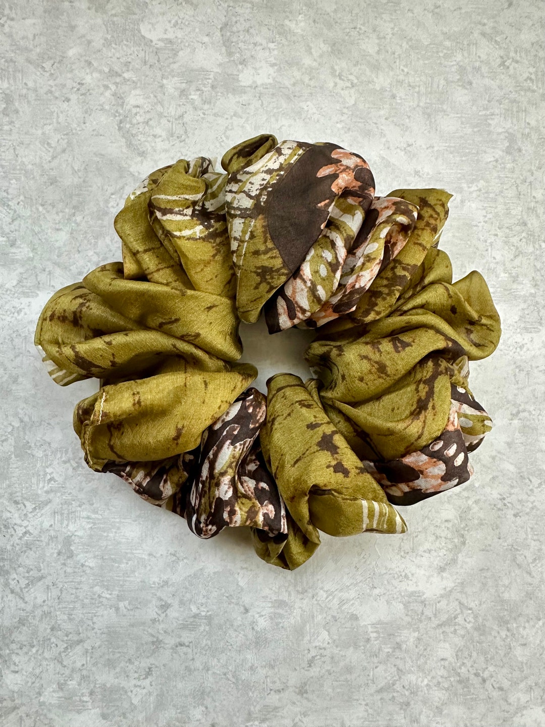 Pure Silk Jumbo Scrunchie Large Green Brown Scrunchie Abstract Silk ...