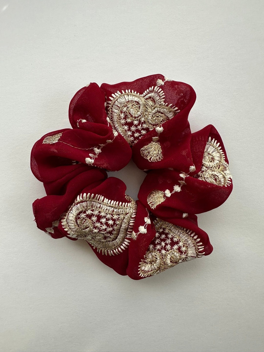 Red Floral Embroidered Scrunchie Jumbo Boho Sari Scrunchy White and ...