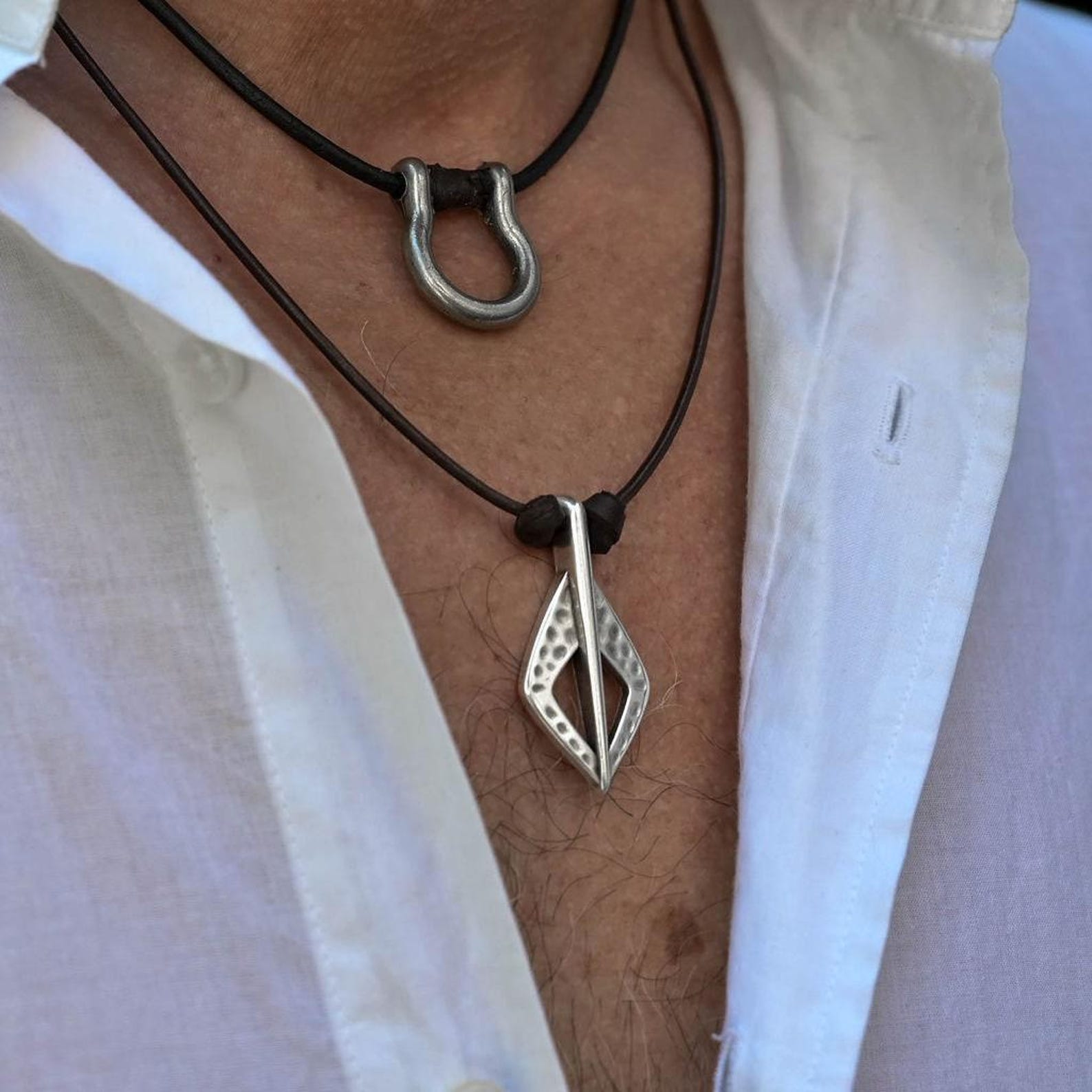 Men's Leather and Metal Layered Necklaces, Silver Shackle Necklace, Men ...