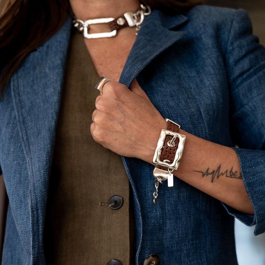 Bold Belt Buckle Necklace and Bracelet Set, Chunky Metal and Brown ...
