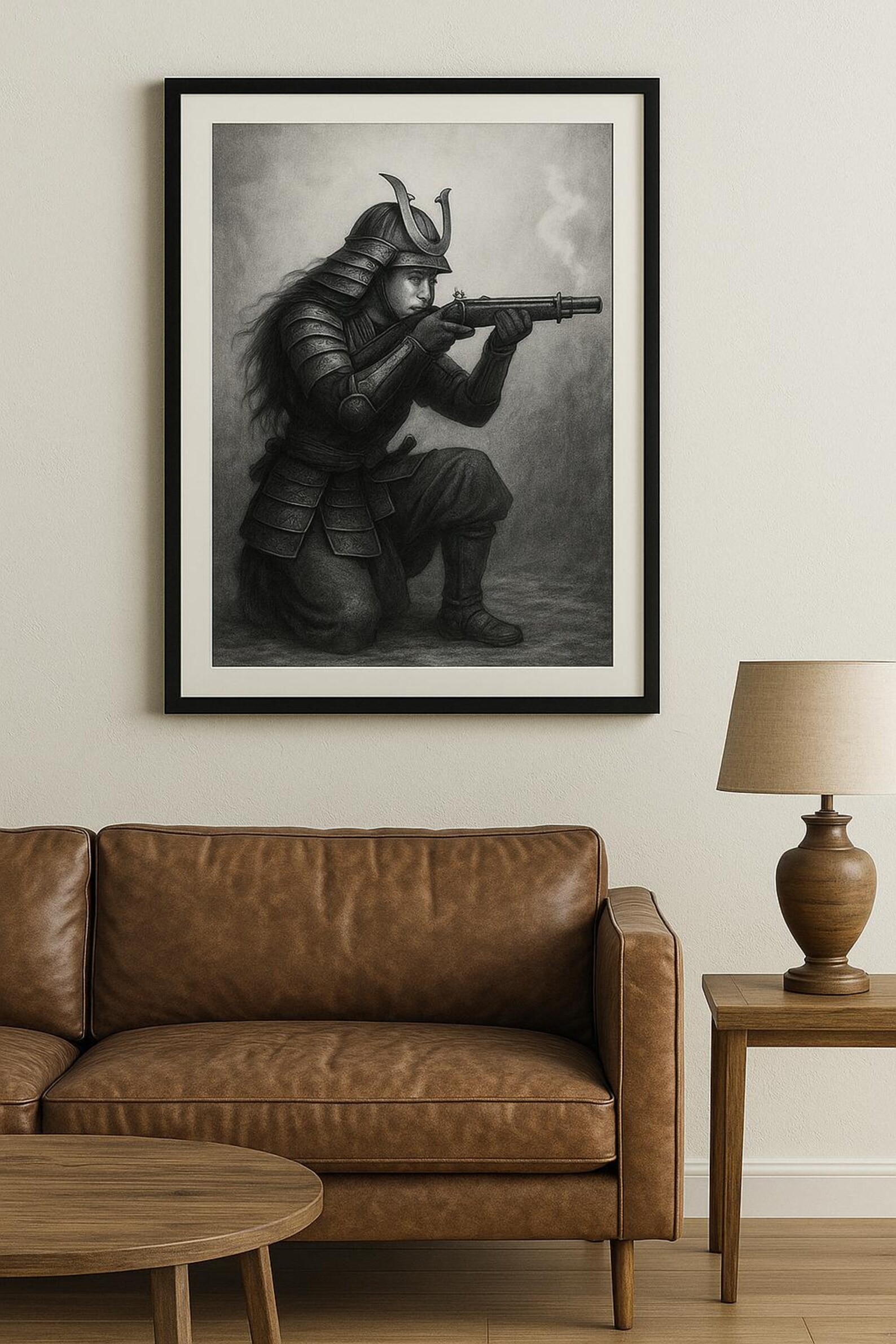 Samurai Woman With Matchlock – Monochrome Art Print | Samurai Mit ...