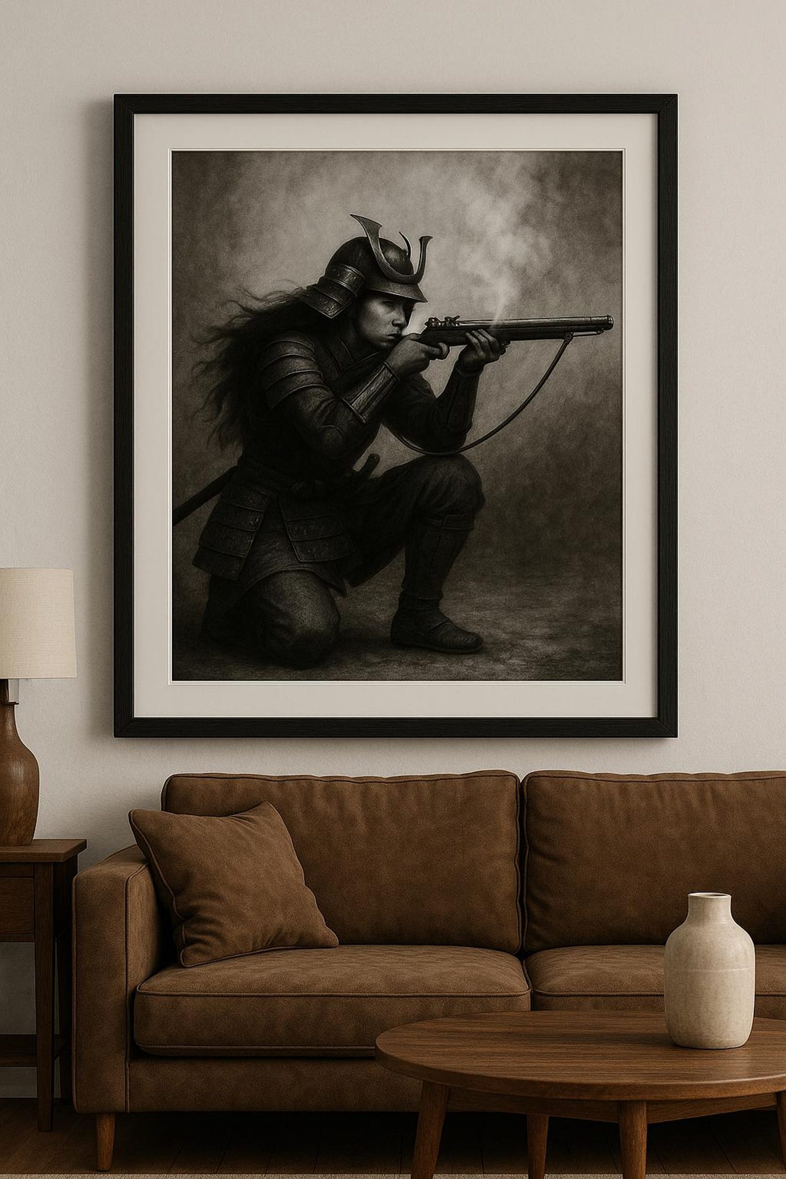 Samurai Woman With Matchlock – Monochrome Art Print | Samurai Mit ...