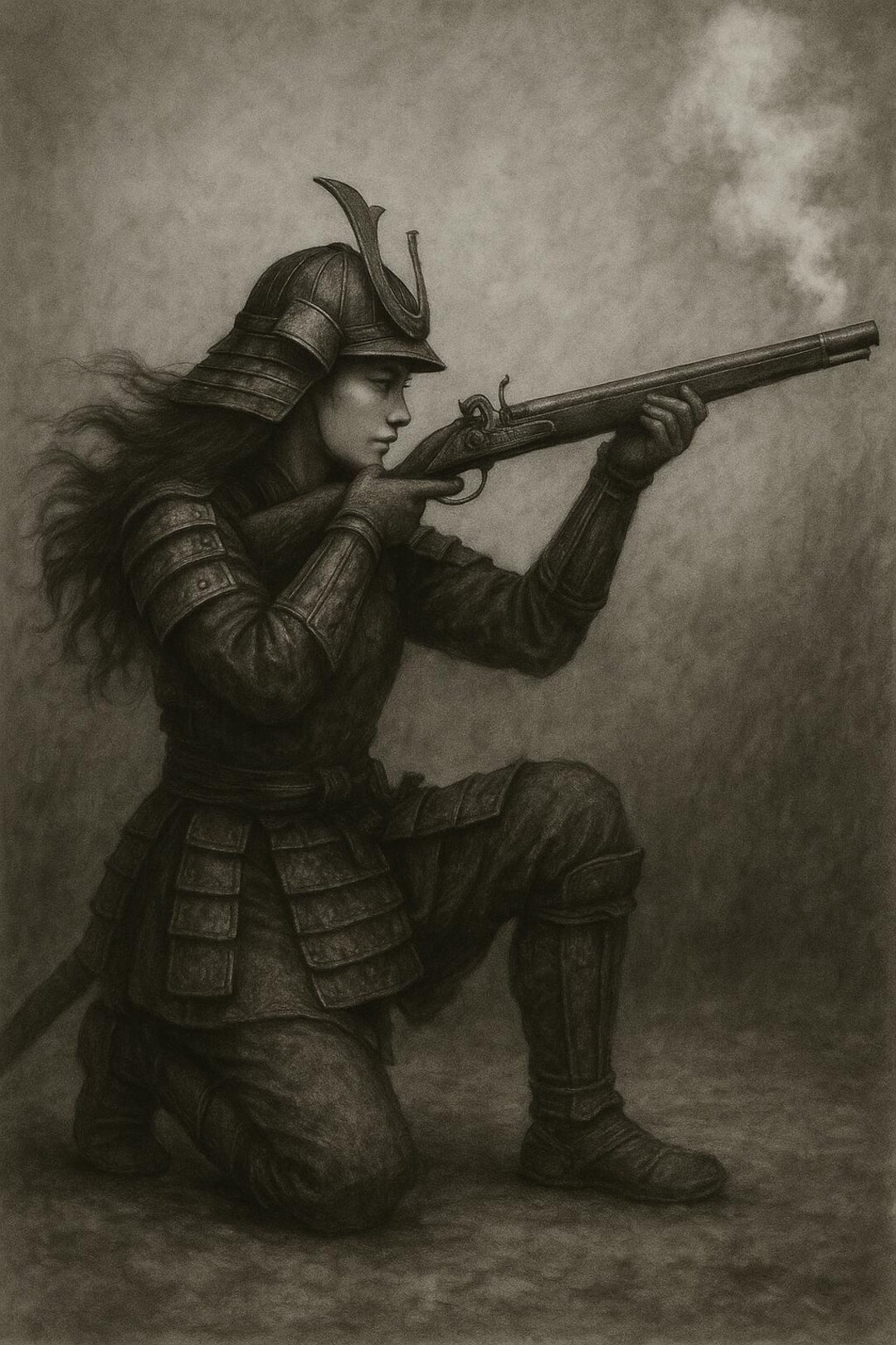 Samurai Woman With Matchlock – Monochrome Art Print | Samurai Mit ...