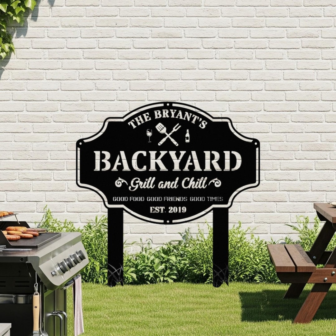 Custom Backyard Sign, BBQ Metal Stake, Backyard BBQ Party Sign, Bar and ...