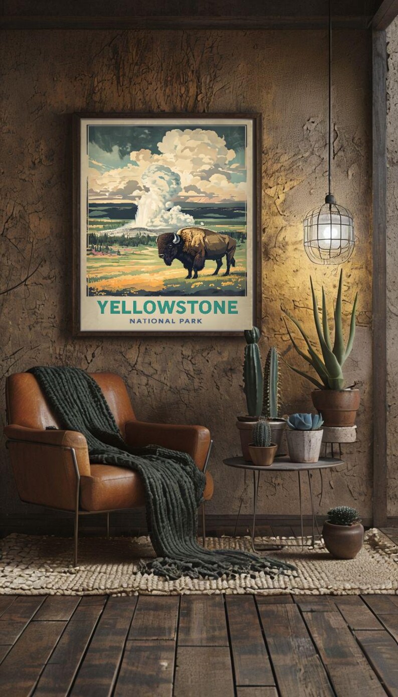 Vintage Yellowstone Poster - Old Faithful and Bison - Etsy