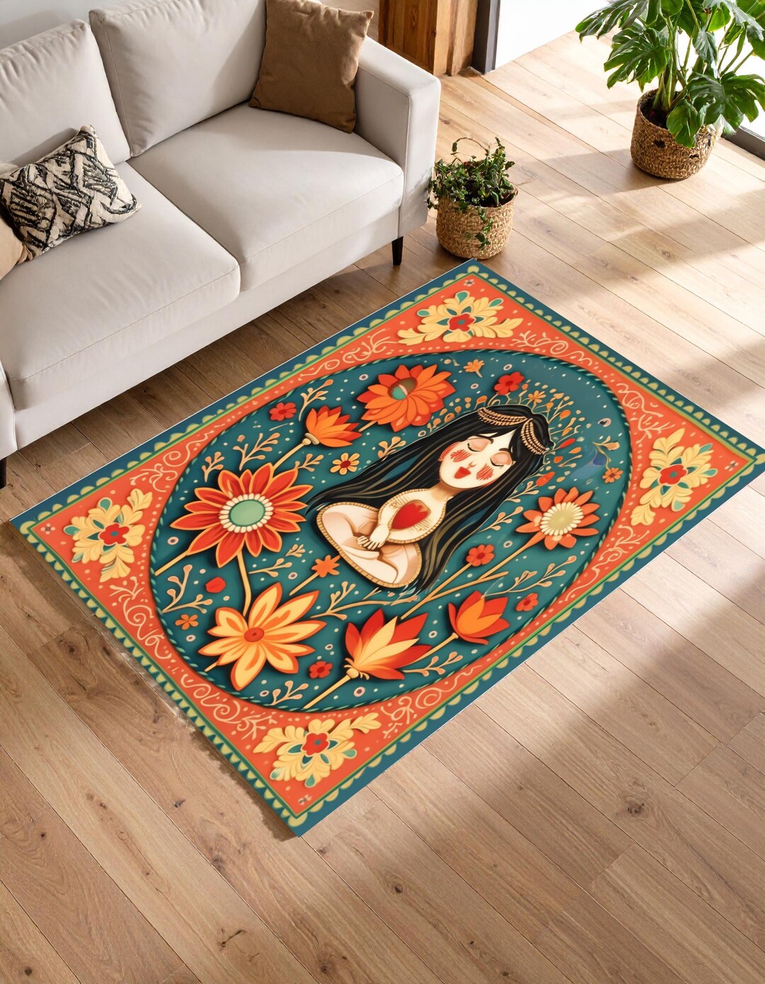 Boho Goddess Rug – Colorful Floral Mandala Carpet, Spiritual Meditation ...