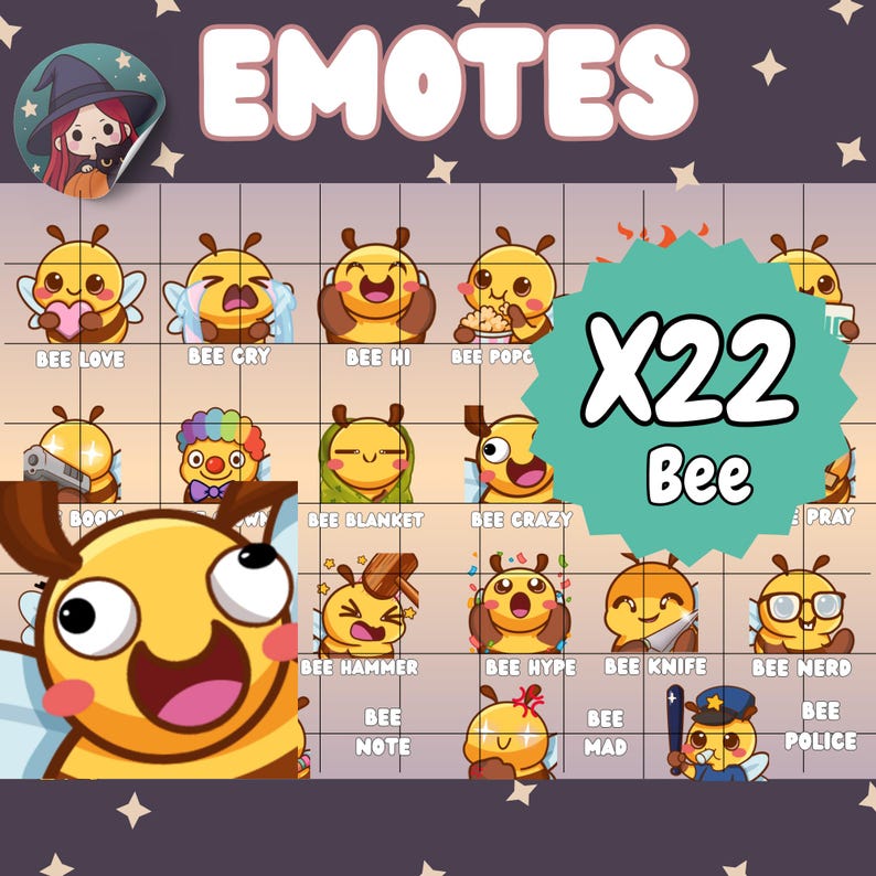 Cute BEE Twitch Emote Bundle 22x - Love, Popcorn, Raid, Clown, Cry ...