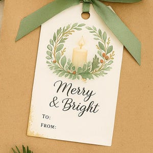 Merry & Bright Christmas Gift Tags, Candle Wreath Design (digital) - Etsy