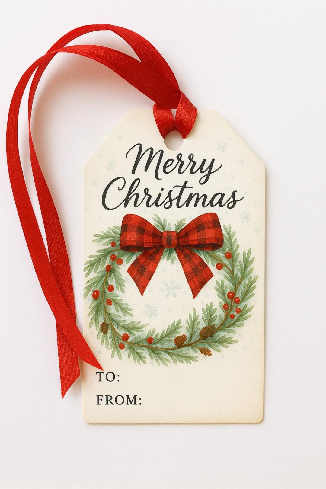 Merry Christmas Gift Tags • Holiday Wreath Tags • Red Bow Christmas ...