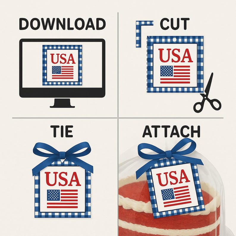 USA Flag Gift Tags: 4th of July Gingham Party Favor Labels (digital ...