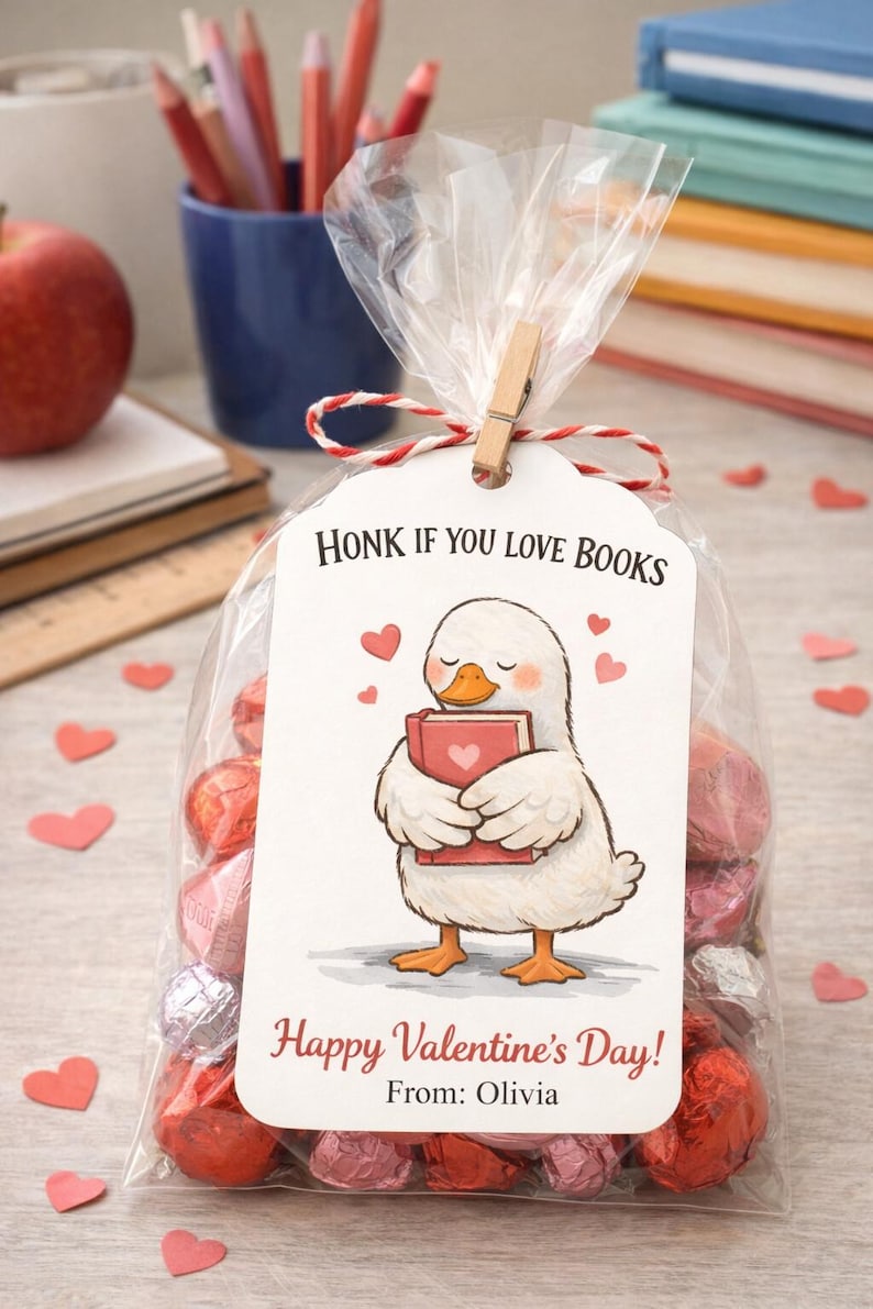 Goose Valentine Tag for Book Lovers, Reading Classroom Gift, Bookish ...