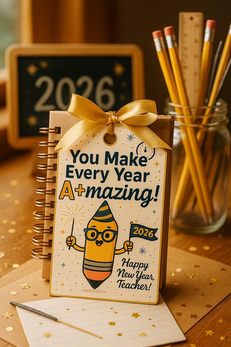 Teacher New Year Gift Tag, Classroom New Year Present, Pencil Gift Tag ...