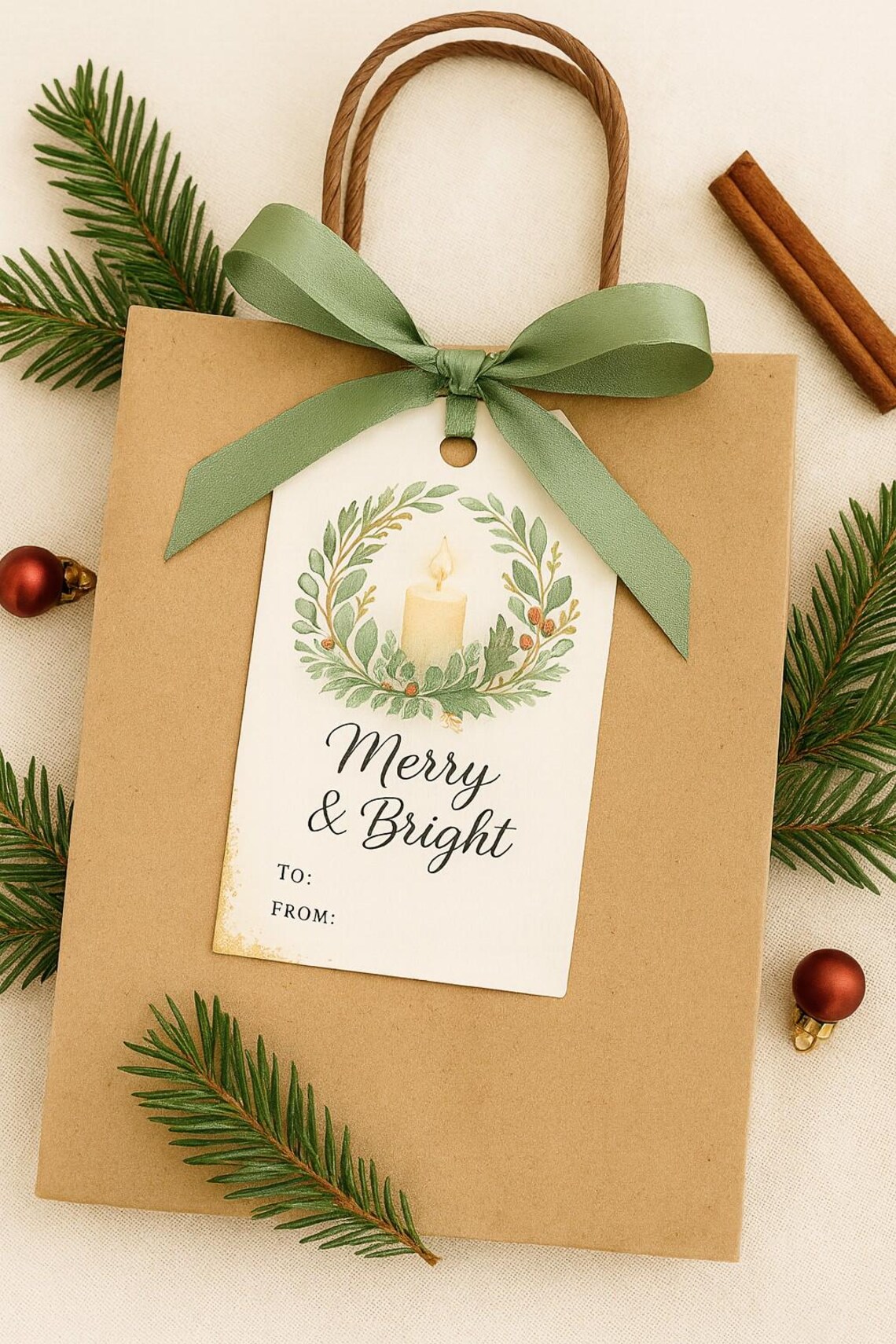 Merry & Bright Christmas Gift Tags, Candle Wreath Design (digital) - Etsy