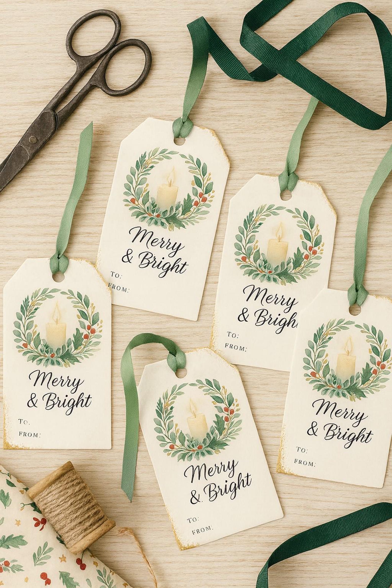 Merry & Bright Christmas Gift Tags, Candle Wreath Design (digital) - Etsy
